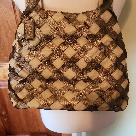 Laura Ashley | Bags | Laura Ashley Purse Cream Canvas Bronze Leather ...